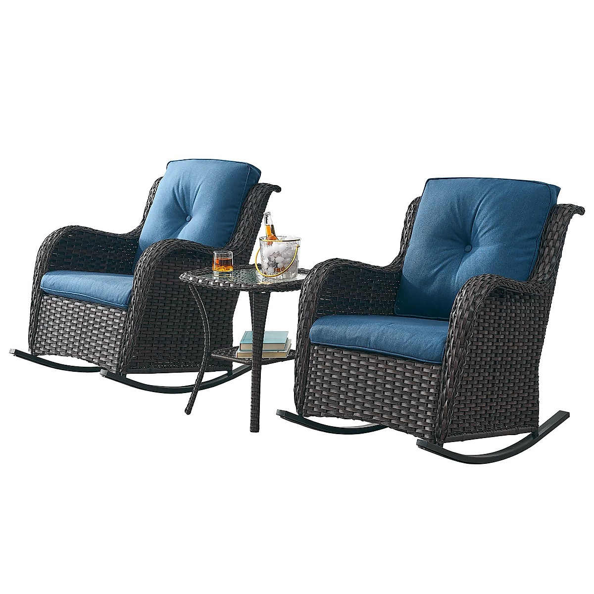 Rilyson Patio Chairs Outdoor Rocking Chair - 3 Piece Wicker Patio Bistro Set Rattan Patio Furniture Rocker Chairs and Side Table for Porch Deck Backyard Garden(Brown/Blue)