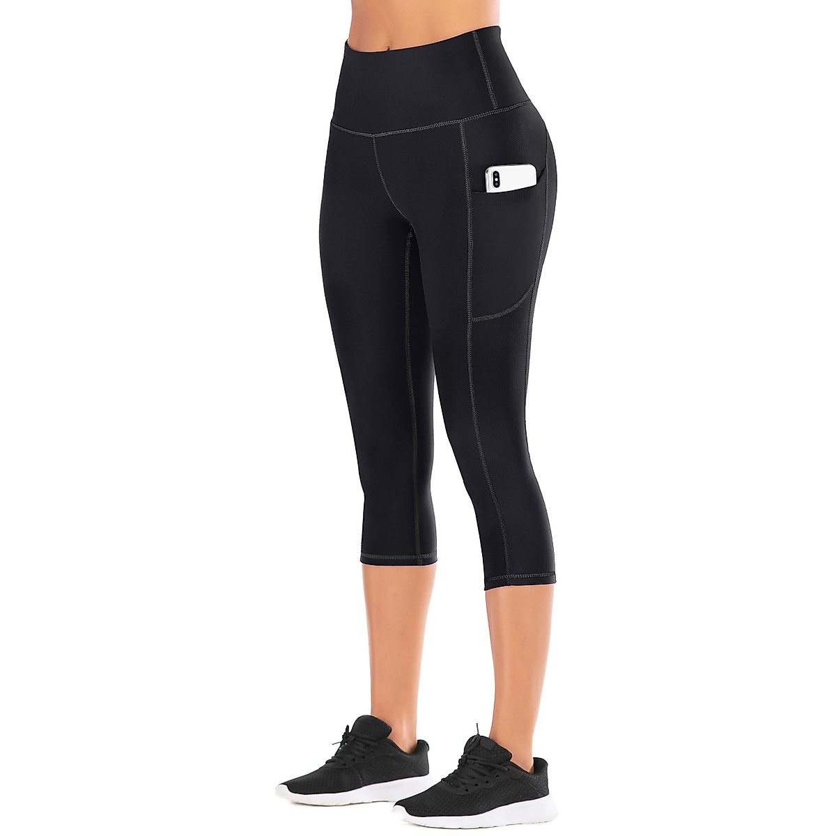 IUGA High Waisted Yoga Pants for Women with Pockets Capri Leggings for Women Workout Leggings for Women Yoga Capris Black L