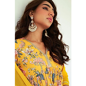 Janasya Indian Women's Yellow Georgette Digital Floral Printed Kurta with Sharara and Dupatta