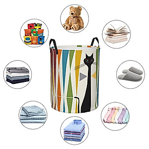 Mid-Century Modern Art Cat Printed Round Foldable Laundry Basket With Handle For Home, Bathroom, Dirty Clothes, Toy Storage