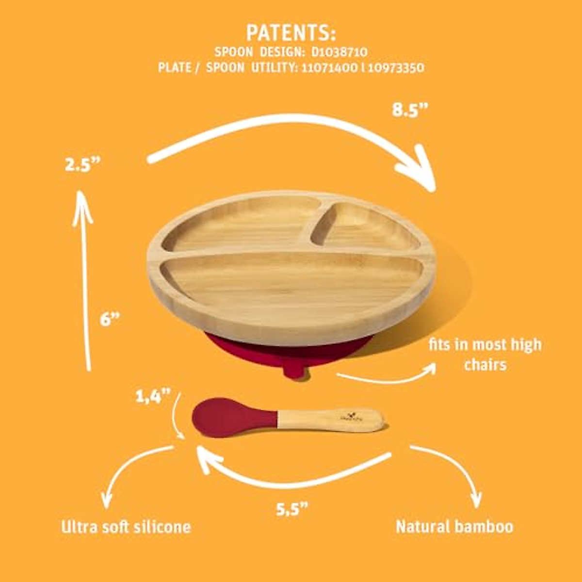 Avanchy Toddler Baby Plates Divided Bamboo, Suction for Babies Kids Toddler Food with Silicone Spoon for Feeding, Green