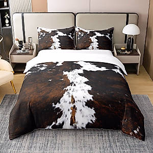 Cowhide Print 100% Cotton Duvet Cover for Kids Adults,Brown White Cow Fur Pattern Bedding Set King,Rustic Farmhouse Style Wild Animal Comforter Cover 3 Pcs with 2 Pillowcases