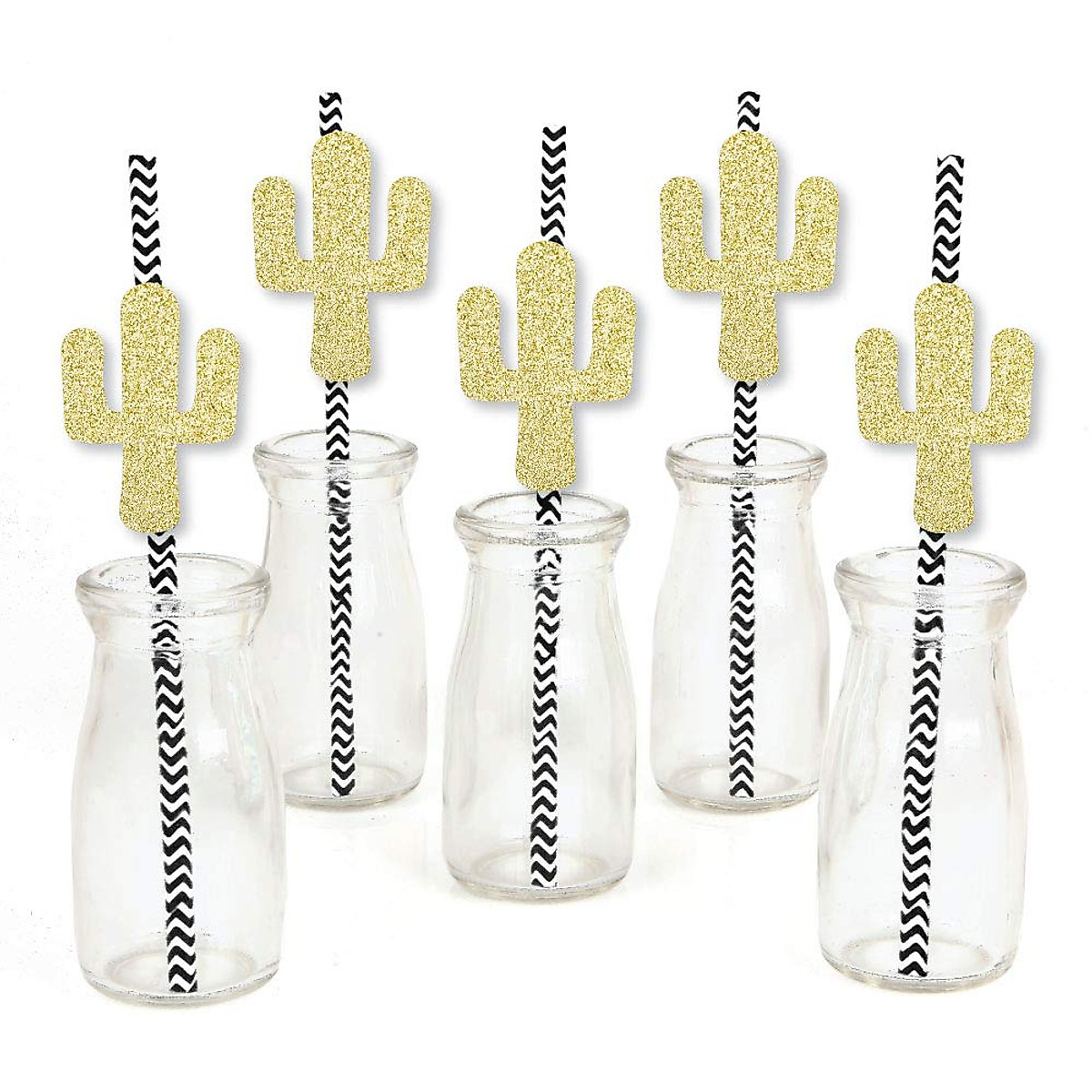 Big Dot of Happiness Gold Glitter Cactus Party Straws - No-Mess Real Gold Glitter Cut-Outs and Decorative Christmas Cactus Party Paper Straws - Set of 24