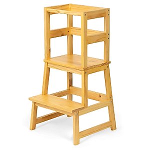 Play Platoon Toddler Kitchen Stool - Light Wood Wooden Step Stool Tower for Kids Counter Learning, Standing Tower for Kitchen Counter, 3 Heights Adjustable Solid Wood, Safe Non-Slip Mat
