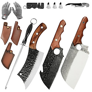 9/11pcs Chef's Knife Set - Hand Forged Boning Knife, High Carbon Steel Chef's Knife, Full Tang Bone Cleaver with Sheath, Serbian Cleaver for Outdoor Camping, BBQ, Kitchen (11)