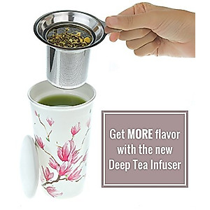 Willow & Everett 16oz Ceramic Travel Mug with Lid. Magnolia Double-Walled Tea Cup with Tea Infuser and Bonus Silicone Top. Tall Coffee and Tea Mug Tea Cups Loose Leaf Tea - Tea Mugs Tea Steeper