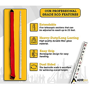 AdirPro 25-Foot Fiberglass Grade Rod – 10ths, 6-Section Telescoping Rectangular Leveling Rod – Non Glare and Corrosion Resistant – Heavy Duty Carrying Case Included