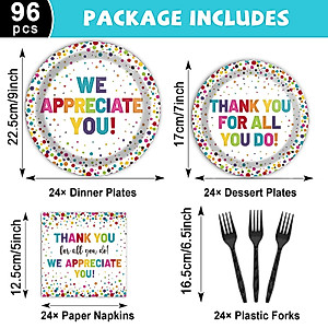 96Pcs We Appreciate You Plates and Napkins Thank You for All You Do Party Decorations Polka Dot Appreciation Paper Plates for Teachers Employee Staff Pastor Volunteer Appreciation Week Decor Serve 24