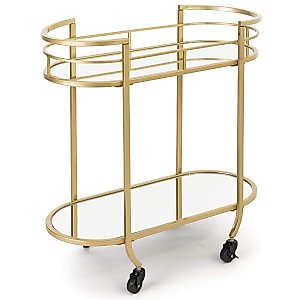 Displays2go Champagne Gold Drinks Trolley, Mirrored Glass Decks, Four Casters - Satin Finish (FSBEVCART5)