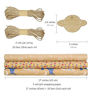 BIOBROWN Wrapping Paper Rolls with Tags and Jute String -Giraffe Designs for Birthday,Holiday, Baby Shower Packing -3 Rolls-17 inch X 10 feet Per Roll