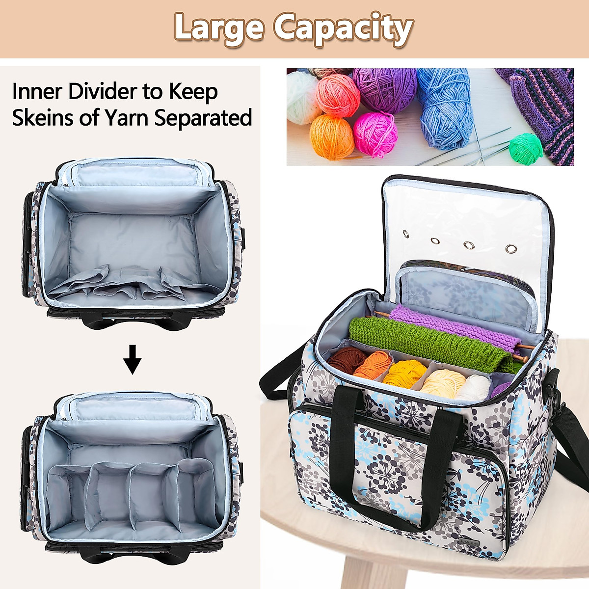 Teamoy Knitting Bag, Yarn Storage Bag Tote, Travel Yarn Organizer with Foldable Inner Dividers for Yarn, Crochet Hook, Knitting Needles(Up to 13.5"), Project and Supplies, Dandelion