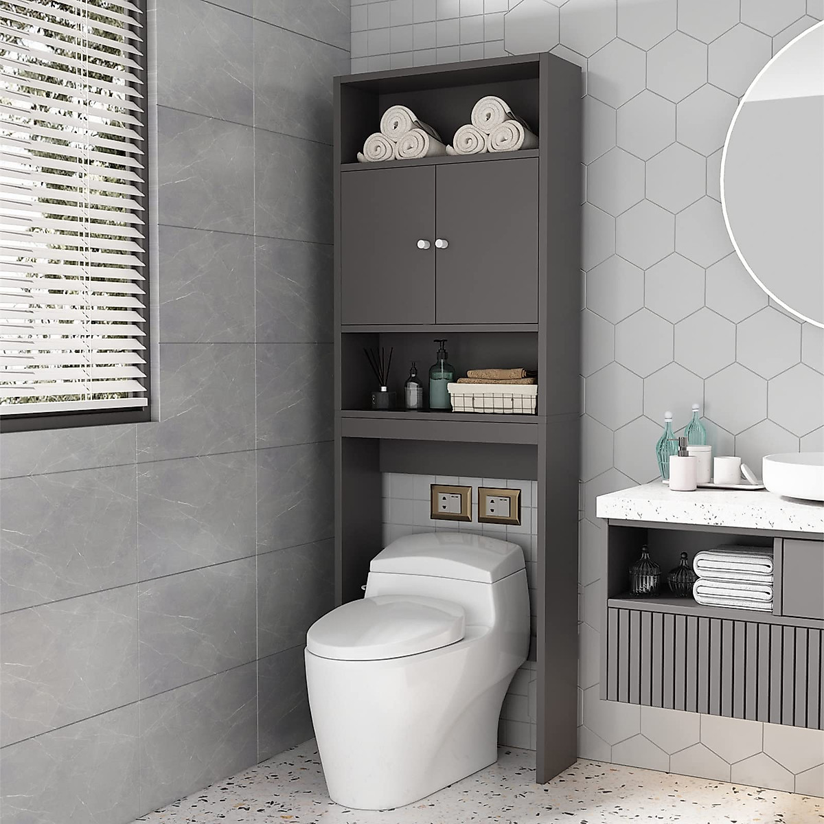 ME2 Bathroom Over The Toilet Storage, 77'' Taller Bathroom Organizer Shelf Space-Saving Collect Cabinet with Shelves and Double Doors, Grey