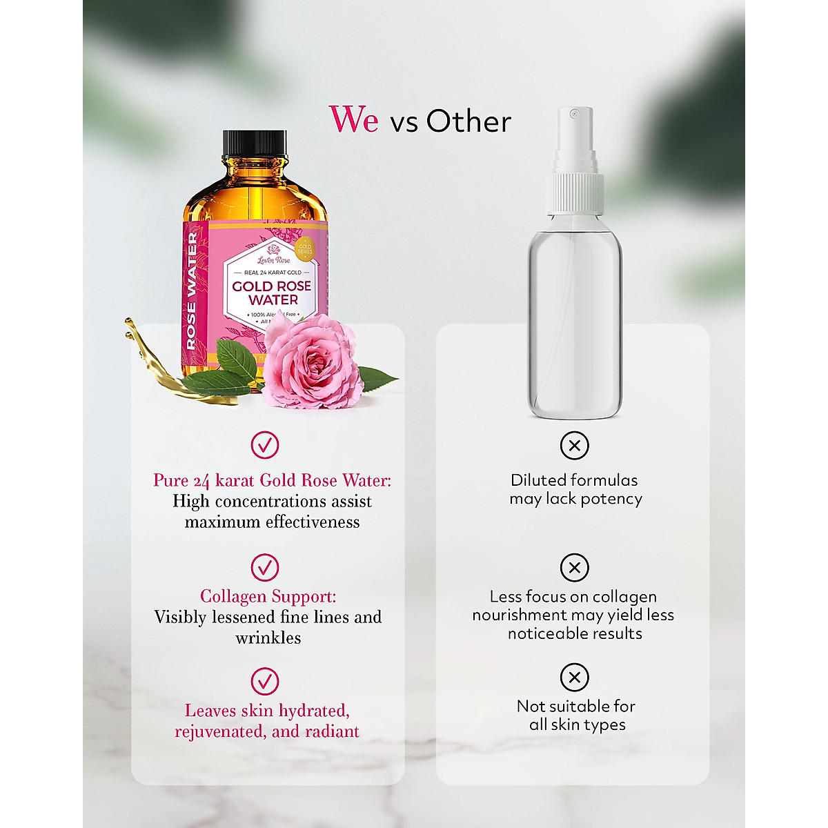 24 Karat Gold Rose Water Toner by Leven Rose Organic Natural Moroccan 24K Rosewater Toner 4 oz