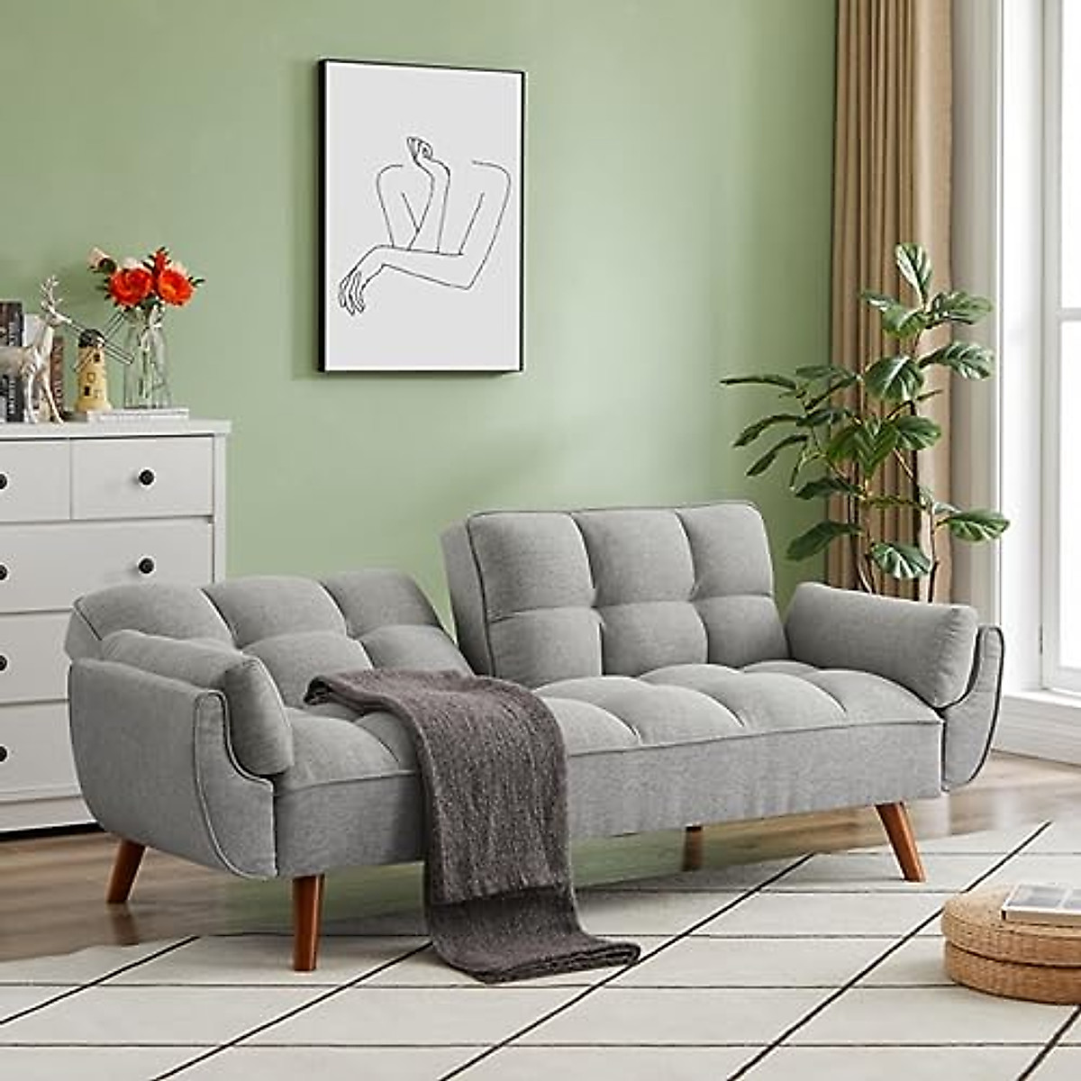 Sofa Bed with Wood Base, Modern Convertible Futon Sleeper Couch Daybed with Adjustable Backrest for Studio, Apartment, Office, Small Space, Compact Living Room Recliners (Grey)