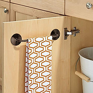 mDesign Decorative Metal Small Towel Bar - Strong Self Adhesive - Storage and Display Rack for Hand, Dish, and Tea Towels - Stick to Wall, Cabinet, Door, Mirror in Kitchen, Bathroom - Bronze