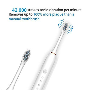 Electric Toothbrush, Rechargeable Sonic Toothbrush for Adult and Kids with 4 Dupont Brush Heads, 6 Modes, Smart Timer, 42,000 VPM Motor, Power Whitening Auto Toothbrush, IPX7 Waterproof, White
