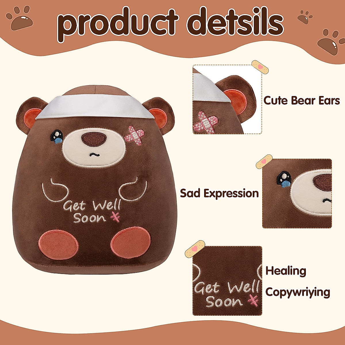 SEAOPOP Get Well Soon Bear Plush: Cute Soft Teddy Bear with Bandage Stuffed Animal, Feel Better Plushies Toy, Get Well Gifts for Recovery Kids Women Patient After Surgery