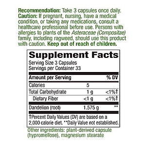 Nature's Way Dandelion Root, 1,575 mg, Non-GMO Project Verified, Gluten Free, Vegetarian, 100 Capsules, Pack of 2