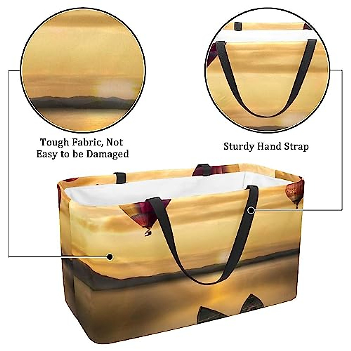 KQNZT Reusable Grocery Bags, Heavy Duty Reusable Shopping Bags, Large Tote Bags with Long Handles and Reinforced Bottom, Lake Boat Hot Air Balloon Sunset