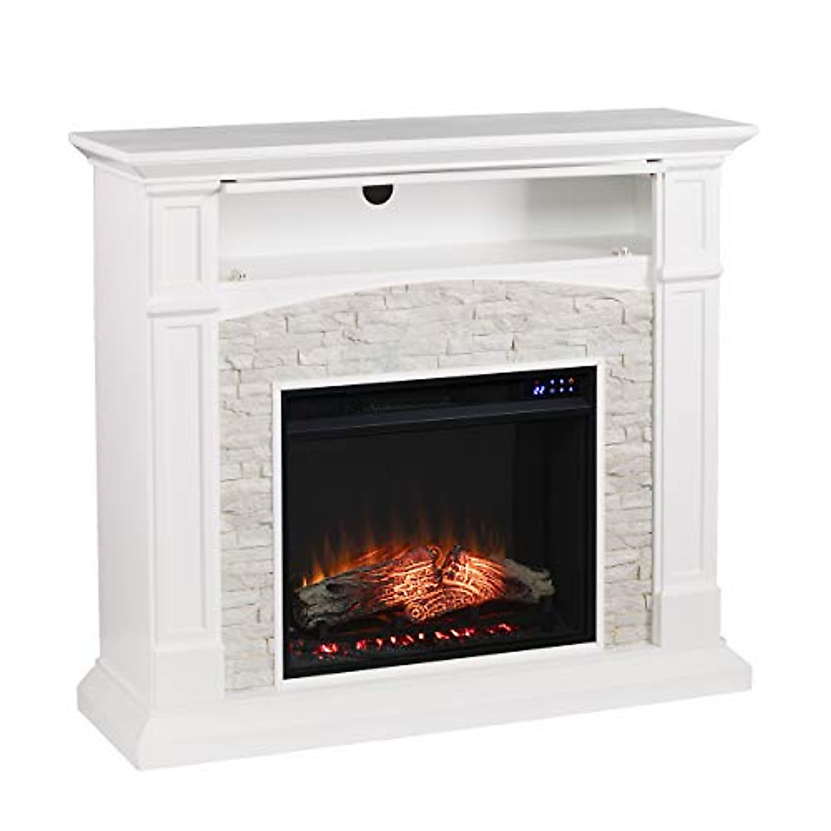 SEI Furniture Seneca Faux Stacked Stone Electric Fireplace with Hidden Media Shelf, New Crisp White