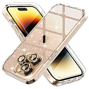 Choiche Compatible for iPhone 14 Pro Case Cute, Women Clear Glitter Bling Sparkly Case, [3 x Diamond Camera Lens Protectors] [2 x Tempered Glass Screen Protectors] 6.1-inch (Glitter Gold)