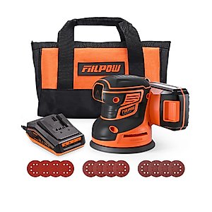FIILPOW Cordless Random Orbital Sander, 20V Brushless Sander with 2.0Ah 20V Battery, Micro-filter Cyclonic Dust Box, 12 Sandpaper, Carrying Bag, Ideal Second Sander, More Efficient & Convenience