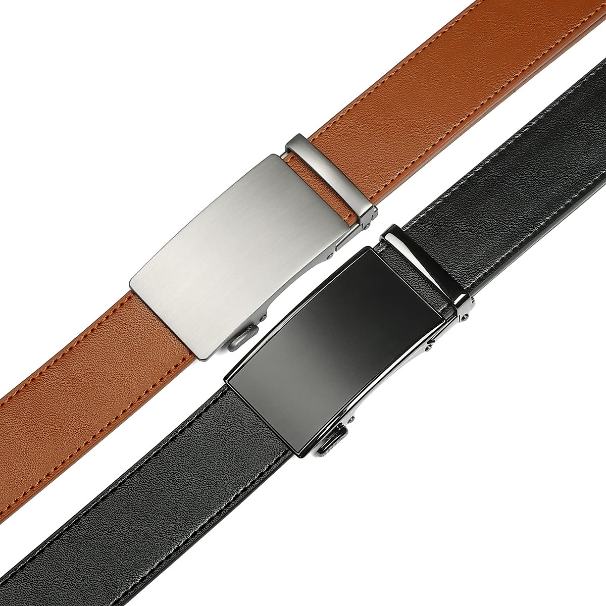 2 Pack Ratchet Belt 1 3/8", Leather Dress Belt with Click Sliding Buckle in Gift Set Box, Mens Adjustable Belt Trim to Fit (Black/Brown leather belt, 28"-42" Waist Adjustable)