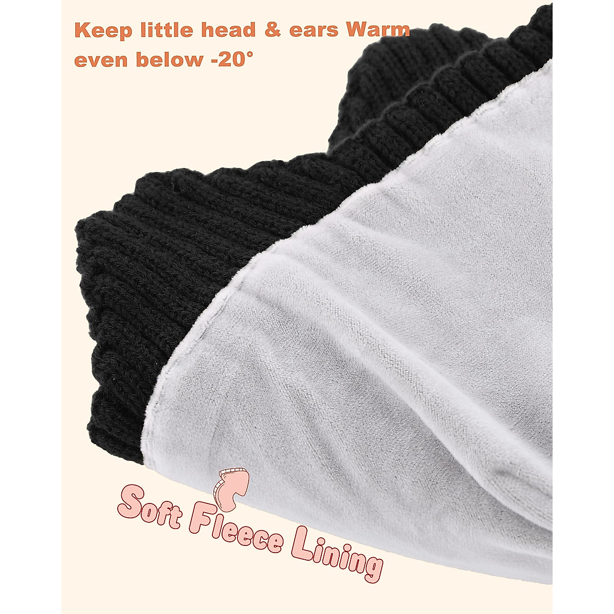 Baby Beanie Fleece Lined Toddler Winter Hat with Ear Flaps Little Girls Boys Warm Hats Cute Beanies for Kids Black