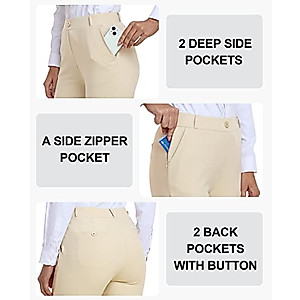 MoFiz Straight Leg Business Casual Dress Pants for Women Stretchy Office Work Teacher Petite Pants High Waisted Golf Slacks Pull On Trousers Khaki L