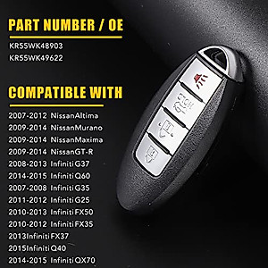 Smart Key Fob Blade Replacement Fit for Nissan Murano Maxima GT-R Altima Infiniti G37 FX50 FX35 G25 G35 2007 2008 2009 2010 2011 2012 2013 2014, #KR55WK48903 KR55WK49622, 4 Button Set 1