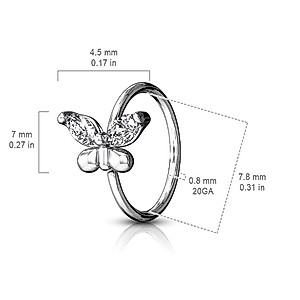 20GA CZ Butterfly Bendable Nose, Cartilage Hoop Ring (Silver)