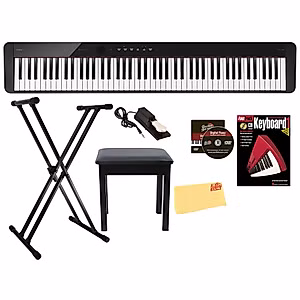 Casio Privia PX-S1100 Digital Piano Bundle with Adjustable Stand, Bench, Sustain Pedal, Instructional Book, DVD, Online Piano Lessons, and Polishing Cloth - Black