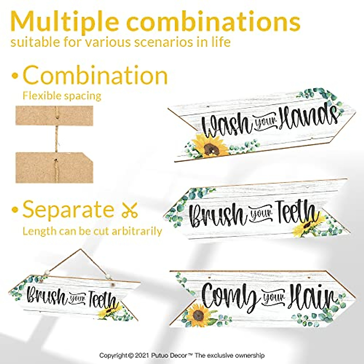 Putuo Decor Sunflower Bathroom Sign, Rustic Farmhouse Wash Brush Wall Decor for Home, Laundry, 3 Pieces 11.8x3.5 Inches Arrow Hanging Plaque