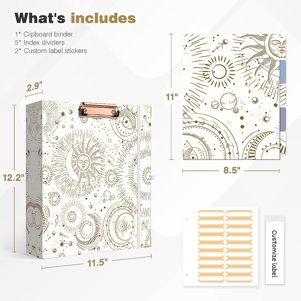 Ospelelf 3 Ring Binder 2 Inch, Cute Binder for Letter Size (11" x 8.5") with 5 Tab Dividers, File Folder Labels and Low Profile Clipboards, Tarot Cards Binder for School Supplies and Office Supplies