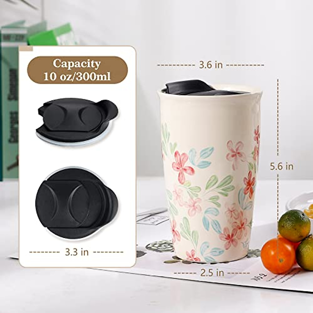 ANTIS'S HOME Ceramic Travel Mug with Lid, Flower Pattern Double Wall Coffee Mug Tumbler 10 oz, Reusable Tall Cup, Splash Resistant Lid, Dishwasher Microwaveable Safe