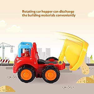 Coogam 4 Pack Friction Powered Cars Construction Vehicles Toy Set Cartoon Push and Go Car Tractor, Bulldozer, Cement Mixer Truck, Dumper for Year Old Boy Girl Kid Gift