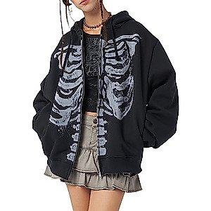 Yuemengxuan Womens Y2K Zipper Hoodie Long Sleeve Sweatshirt Harajuku Punk Grunge Tops Oversized Vintage Streetwear, Skeleton Black, Small