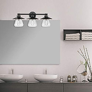 Globe Electric 51496 Nate 5-Piece All-in-One Bathroom Set, Oil Rubbed Bronze, 3 Vanity Light with Clear Glass Shades, Bar, Towel Ring, Robe Hook, Toilet Paper Holder