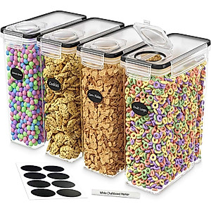 DWËLLZA KITCHEN Cereal Containers Storage Set - Cereal Dispenser Airtight Food Storage Container BPA-Free 4 Pc (135.2oz) Pantry Organization and Storage 8 Labels 1 Marker, Canister for Sugar & Flour