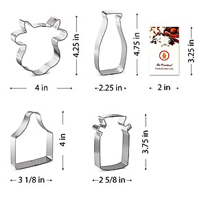 Dairy Farm Cow Cookie Cutter 4 Pc Set – Cow Face, Milk Bottle, Ear Tag, Milk Jug Cookie Cutters and Cookie Recipe Card Hand Made in the USA from Tin Plated Steel