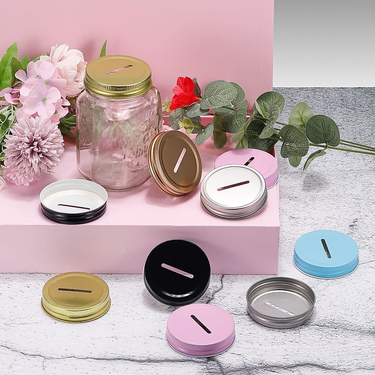 uxcell Coin Slot Bank Lid for Mason Jar, 70mm/2.76" Regular Mouth Tin Plate Caps Inserts for Canning Jars Cover, (Blue 15Pcs)