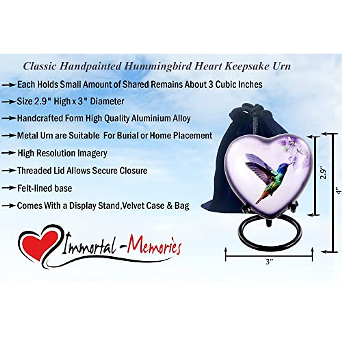 Hummingbird Heart Keepsake Urn, Hummingbird Mini Heart Urn for Ashes, Hand Painted Sharing Heart Urn with Stand, Velvet Case & Bag (Heart Keepsake)
