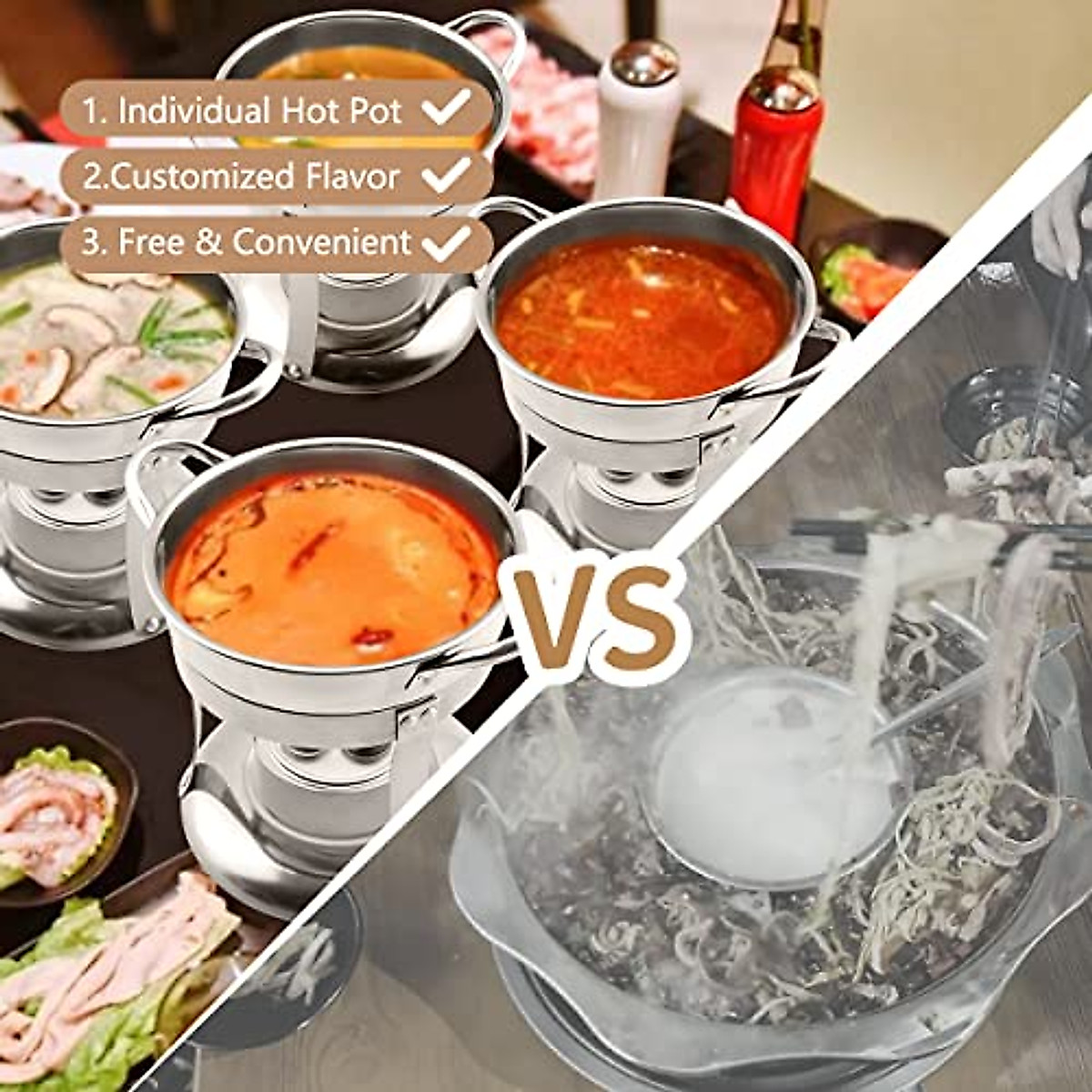 BriSunshine 6 Packs Individual Single Shabu Hot Pot,1QT Mini Round Chafing Dish Buffet Set,Stainless Steel Food Server Warmers with Glass Lids for Caterings Parties Wedding