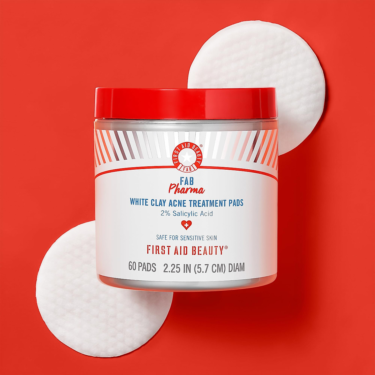 First Aid Beauty - FAB Pharma White Clay Acne Treatment Pads with 2% Salicylic Acid, Daily Compostable Exfoliating Pads for Breakouts, Whiteheads, Blackheads and Acne, Safe for Sensitive Skin, 60 Pads