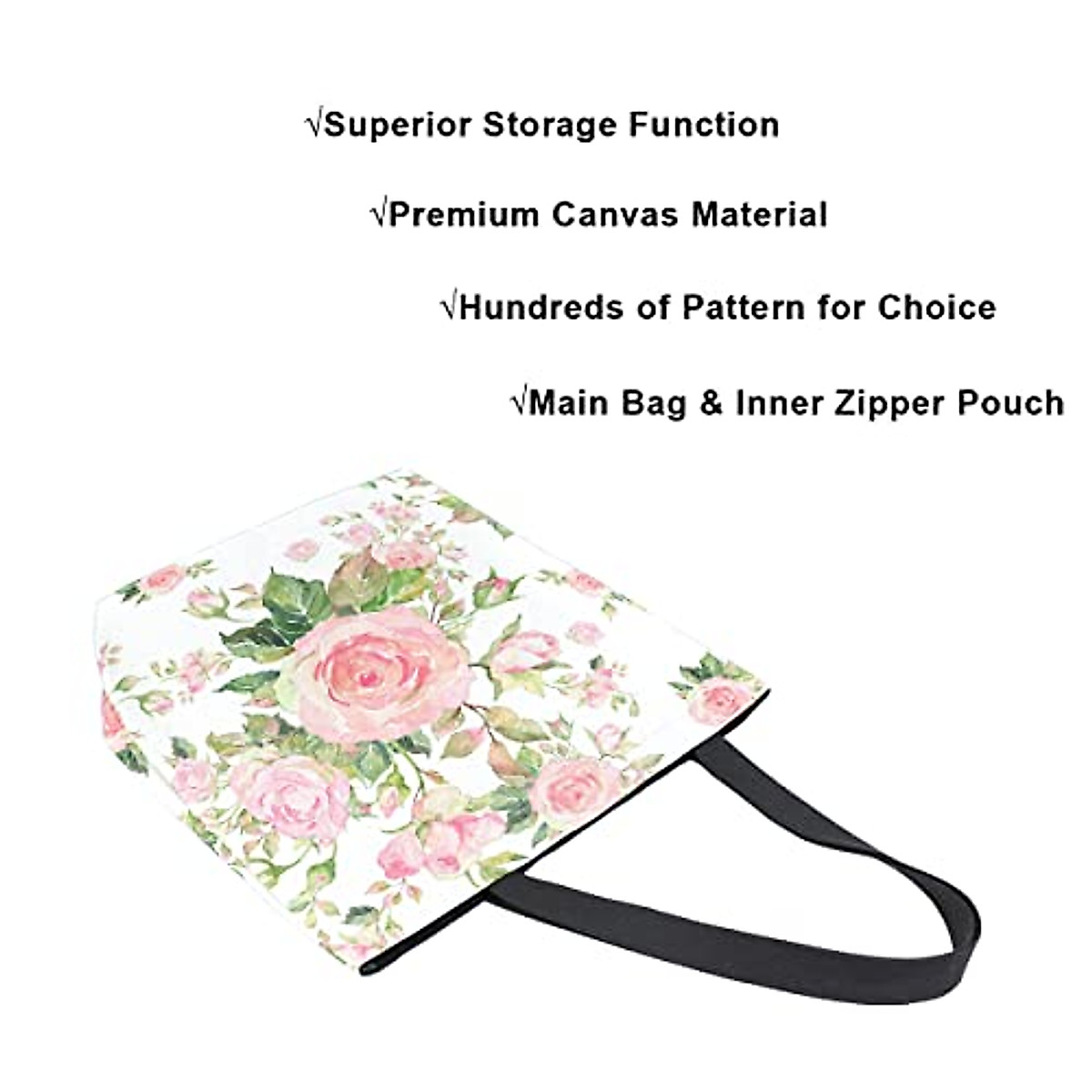 ALAZA Pink Rose Flower Large Canvas Tote Bag Floral Shopping Shoulder Handbag with Small Zippered Pocket