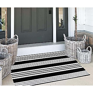 BUAGETUP Black and White Layered Doormat,27.5x43.3inch Striped Outdoor Rug Hand Woven Cotton Indoor Outdoor Rug for Porch Layered