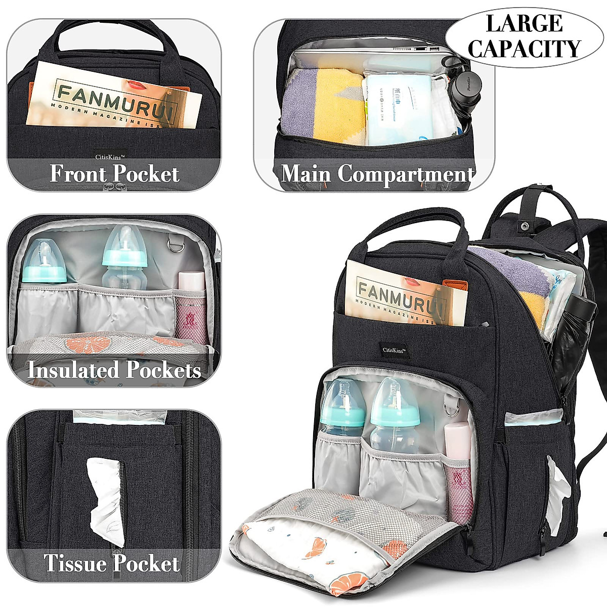 Backpack Diaper Bags For Toddler Boy Girl Baby Bags For Newborn Unisex Dad Mom With Changing Pad, Bottle Insulation Bags And Stroller Straps (Black)