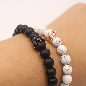 UEUC Distance Couple Bracelets with CZ Crown King&Queen Black&White Howlite 8mm Beads Bracelet