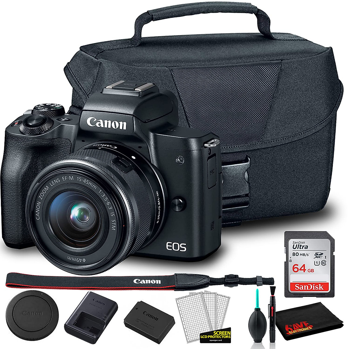 Canon EOS M50 Mirrorless Digital Camera with 15-45mm Lens (Black) (2680C011), EOS Bag, Sandisk Ultra 64GB Card, Clean and Care Kit (Renewed)