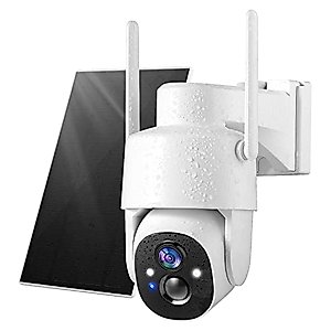 GMK Solar Security Cameras Wireless Outdoor, 2K Pan Tilt 360° View Battery Powered 2-Way Talk Outdoor Camera Wireless 3MP PTZ WiFi Surveillance Cam Cloud/SD Storage Color Night Vision Spotlight/Siren